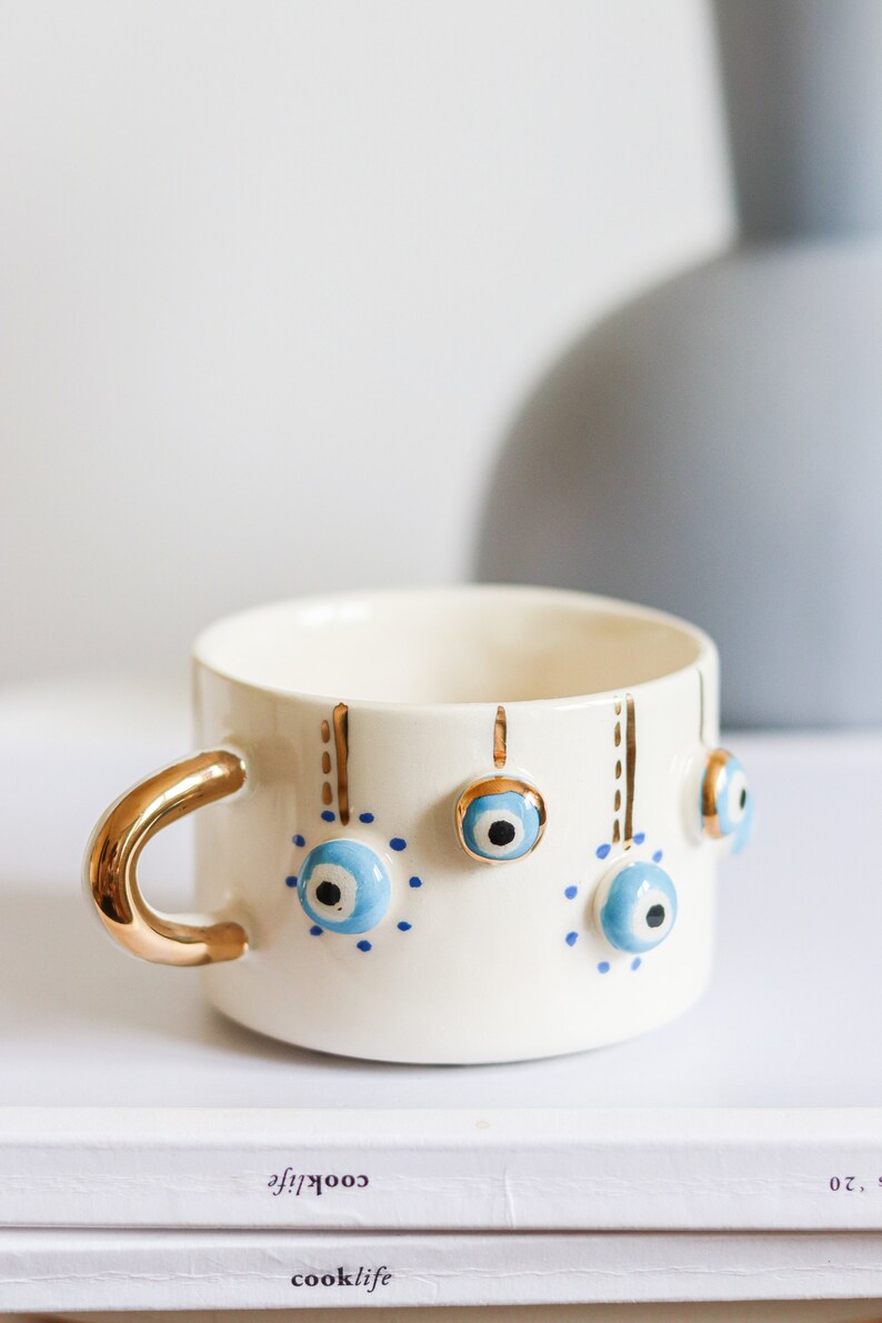 Nazar Handmade Ceramic Mug 24k Gold Handle Natural Ceramic Mug Glazed ...