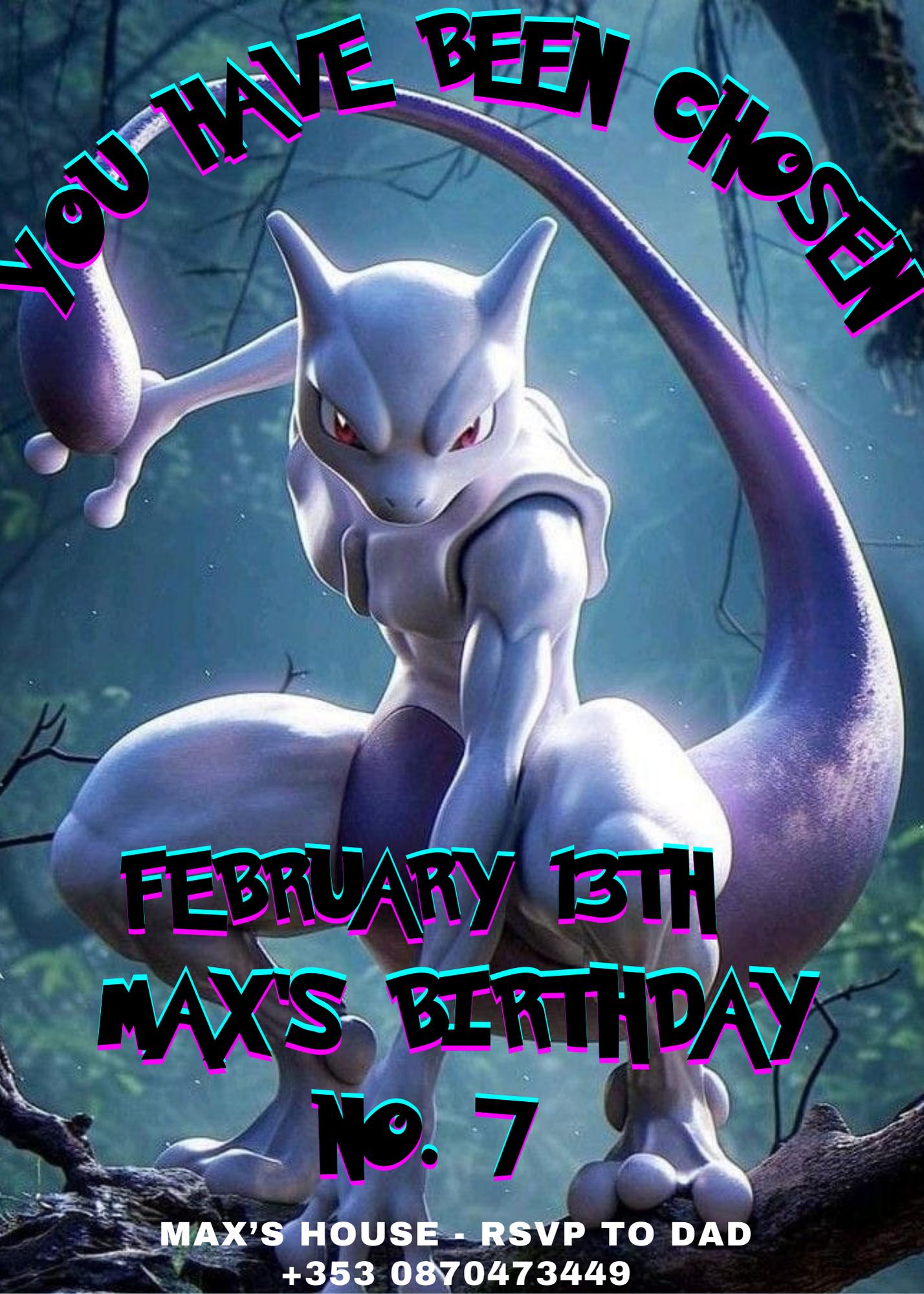 Mewtwo Birthday Invitation Pokemon Birthday Invitation - Etsy Ireland