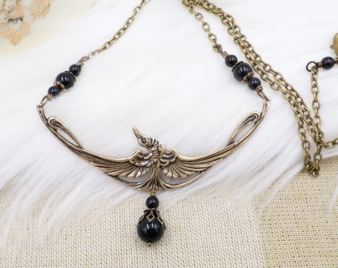 Gothic Brass Phoenix Mythical Bird Necklace, Handmade Black Pearl ...