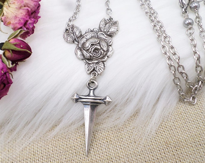 Dagger Flower Pendant Necklace, Cottagegoth Accessory, Silver Plated ...