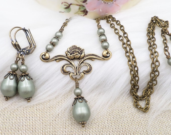 Sage Green Pearl Necklace Earrings Set: Art Nouveau Brass Jewelry - Etsy