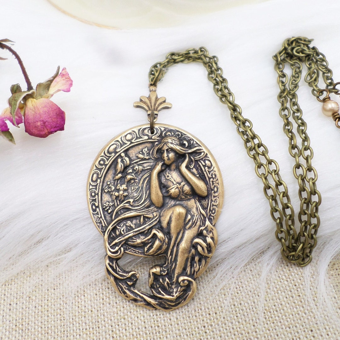 Brass Alphonse Mucha Style Art Nouveau Pendant Necklace, Poetry Maiden ...