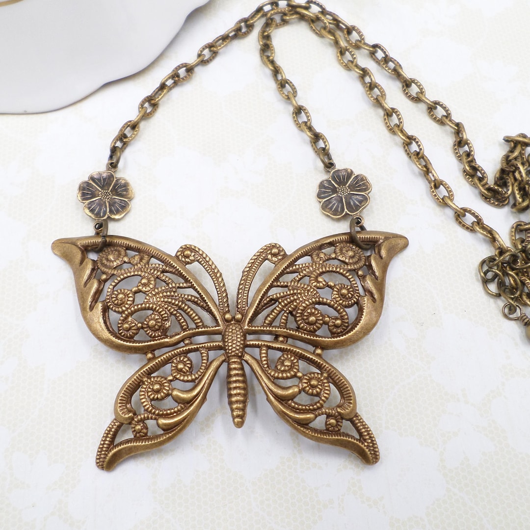 Brass Filigree Butterfly Necklace: Flower Handmade Cottagecore Jewelry ...