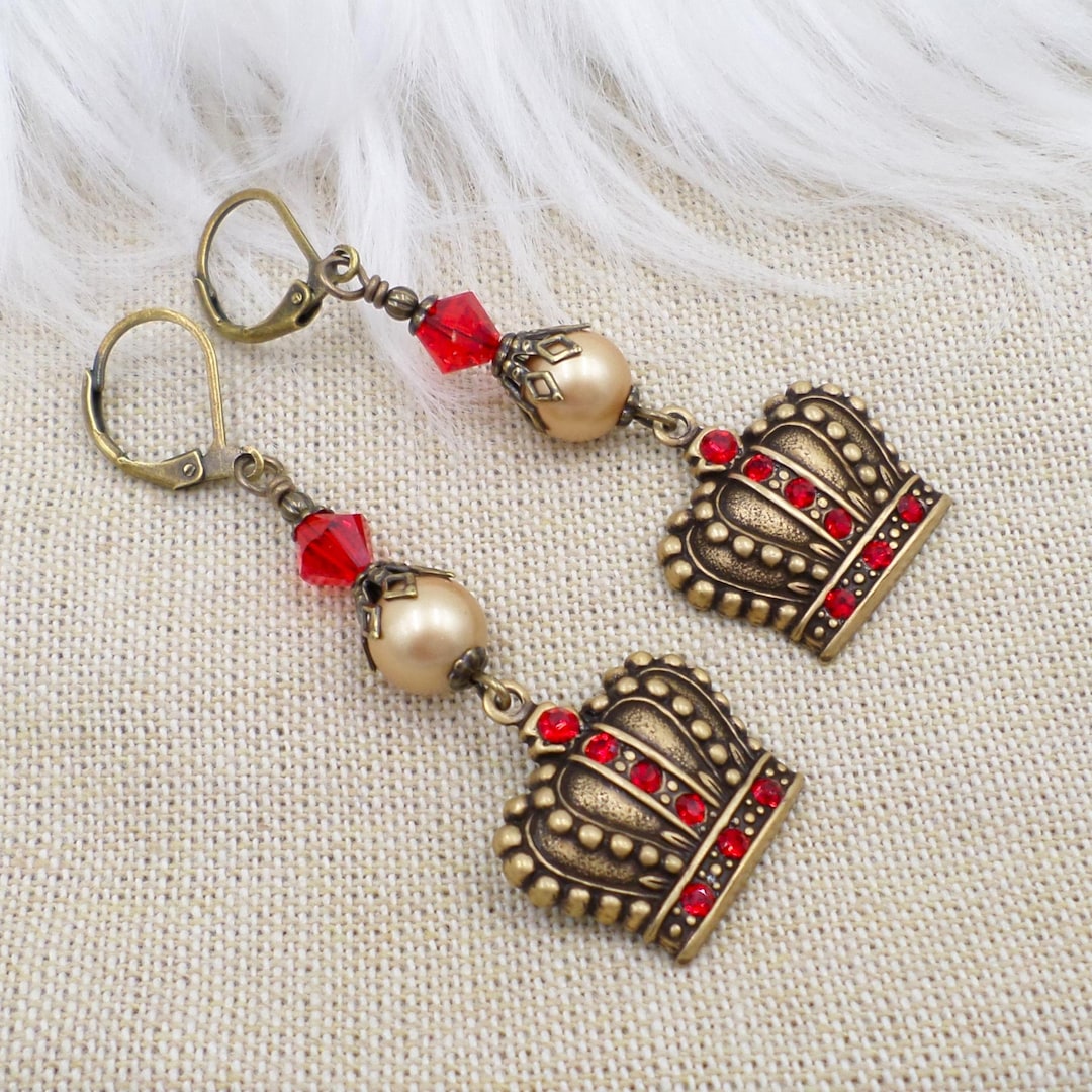 Crown Earrings, Red Crystal Gold Pearl Jewelry, Royalcore Aesthetic ...