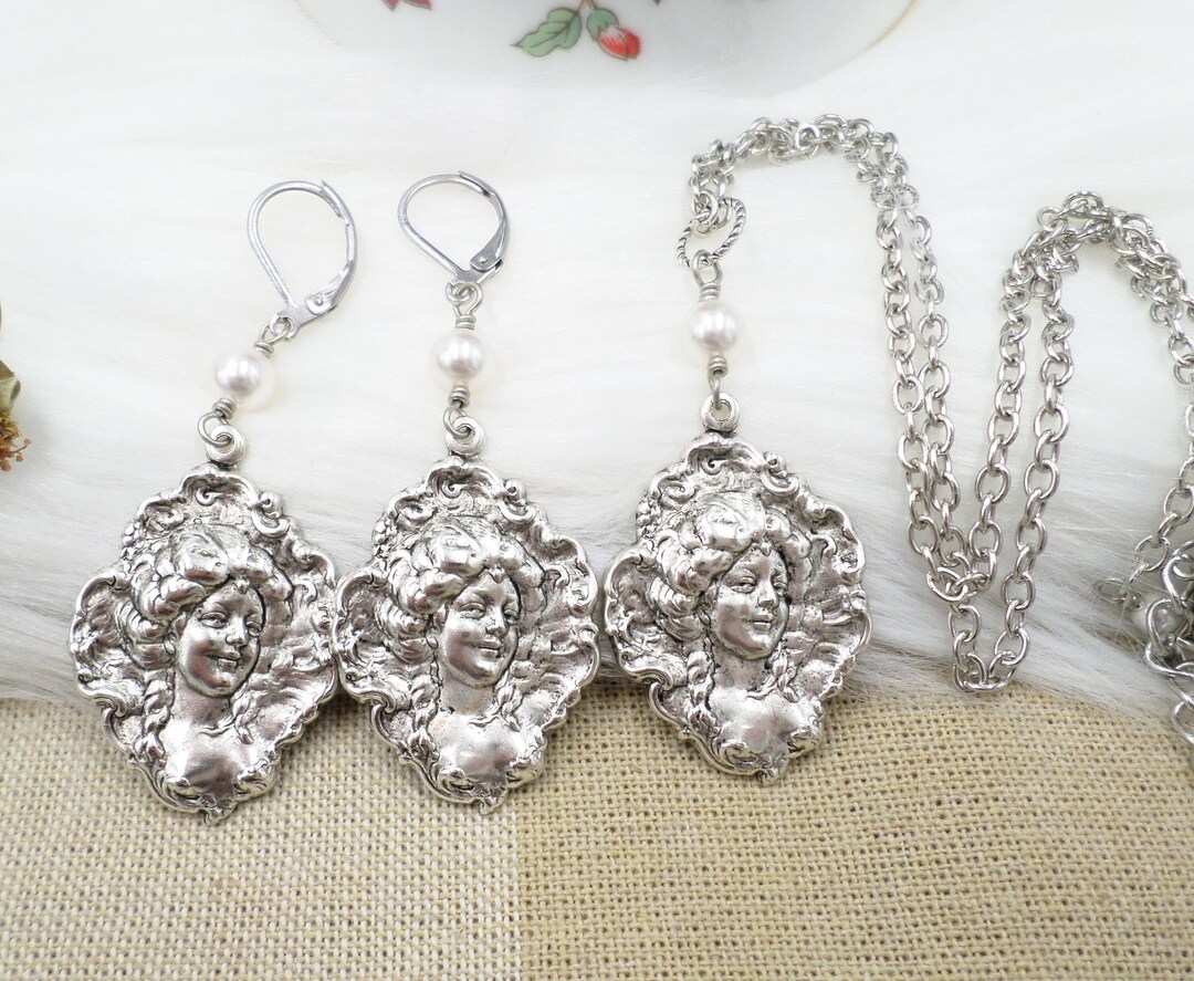 Victorian Maiden Necklace SET, Reproduction Jewelry, Silver Plated ...