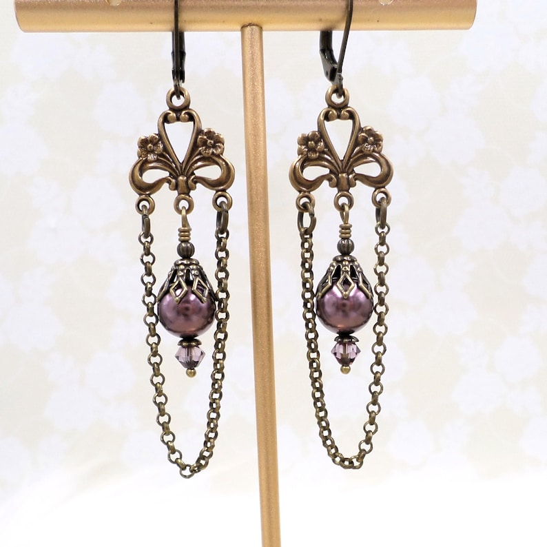 Art Nouveau Chandelier Earrings: Plum Purple Pearl, Antique Brass - Etsy