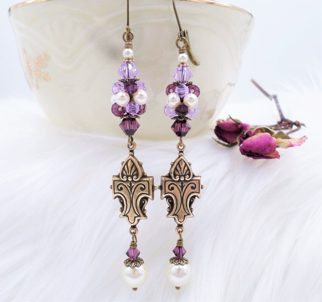 Purple Crystal Cluster Earrings, Princesscore Jewelry, Medieval Long ...