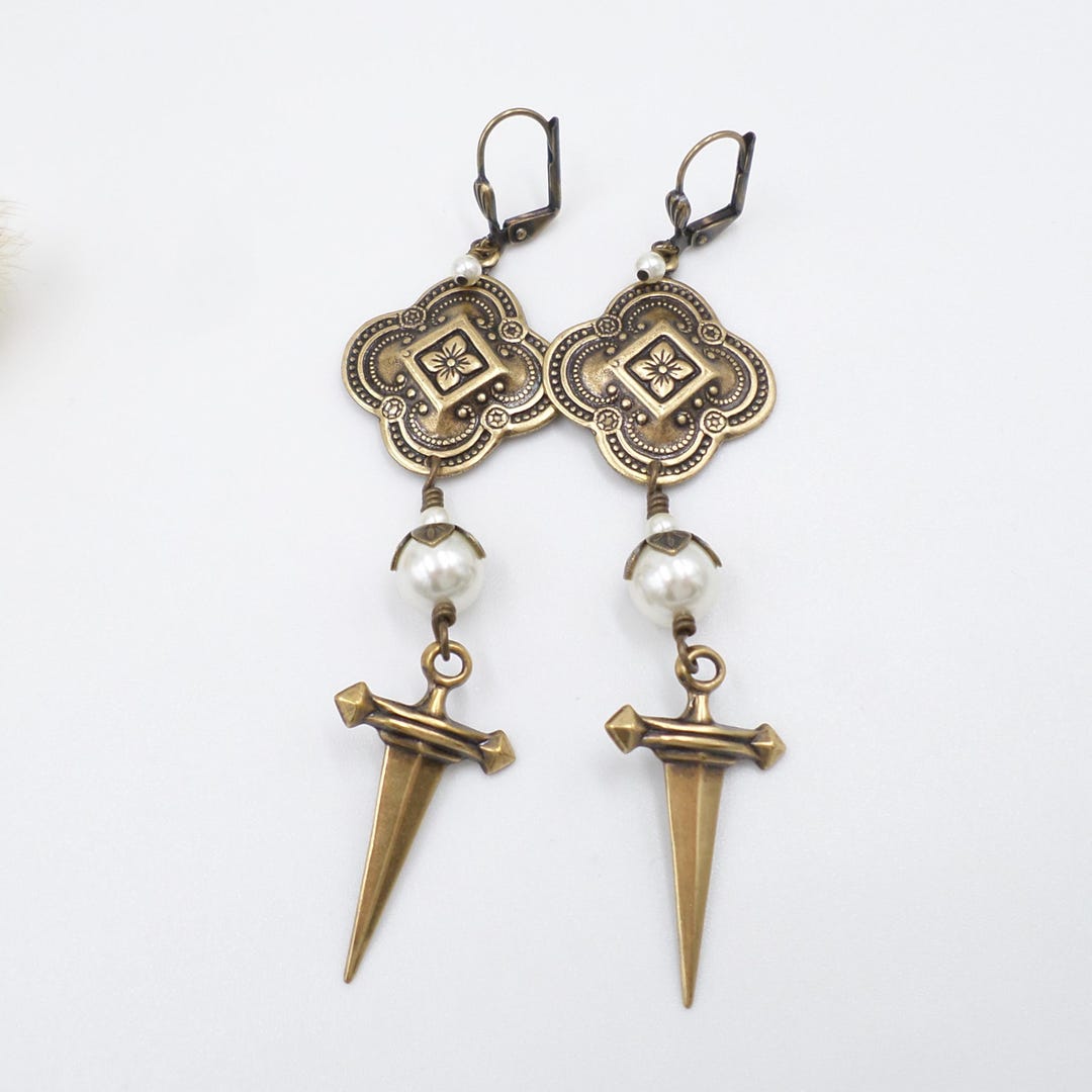Quatrefoil Dagger Earrings Medieval Celtic Ren Faire Cosplay Long Brass ...