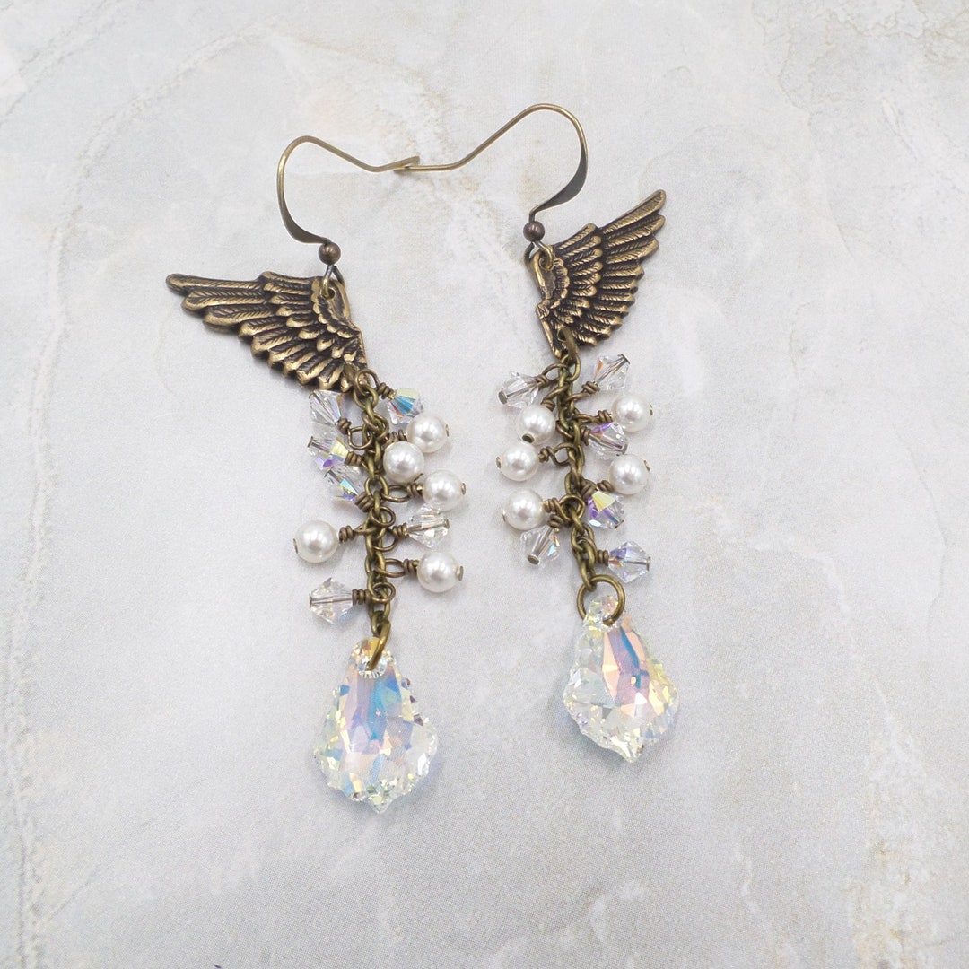 Angel Wing Earrings, Crystal Pearl Cascade Long Dangles, Ethereal ...