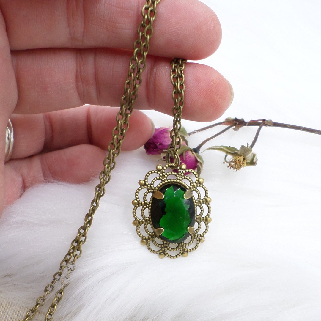 Victorian Emerald Green Glass Necklace Brass Filigree Pendant Bright Green Necklace
