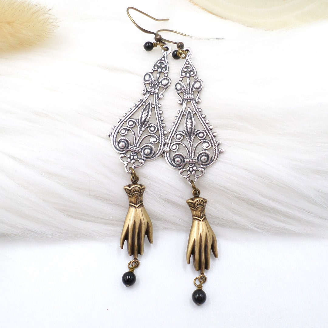 Victorian Brass Hand Earrings, Lacy Silver Filigree Goth Jewelry ...