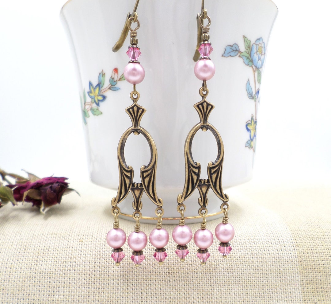 Pink Pearl Art Nouveau Chandelier Earrings, Long Statement Earrings ...