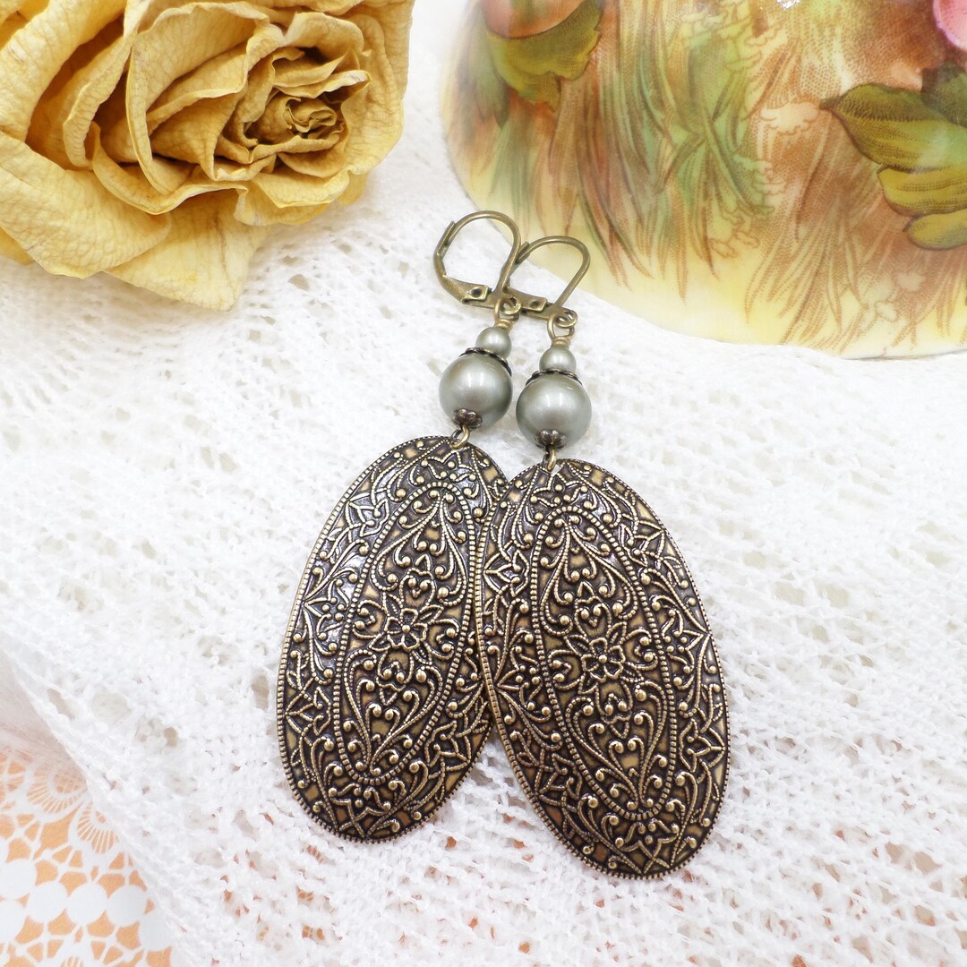 Brass Filigree Victorian Earrings Sage Pearls: Handmade Oval Vintage ...