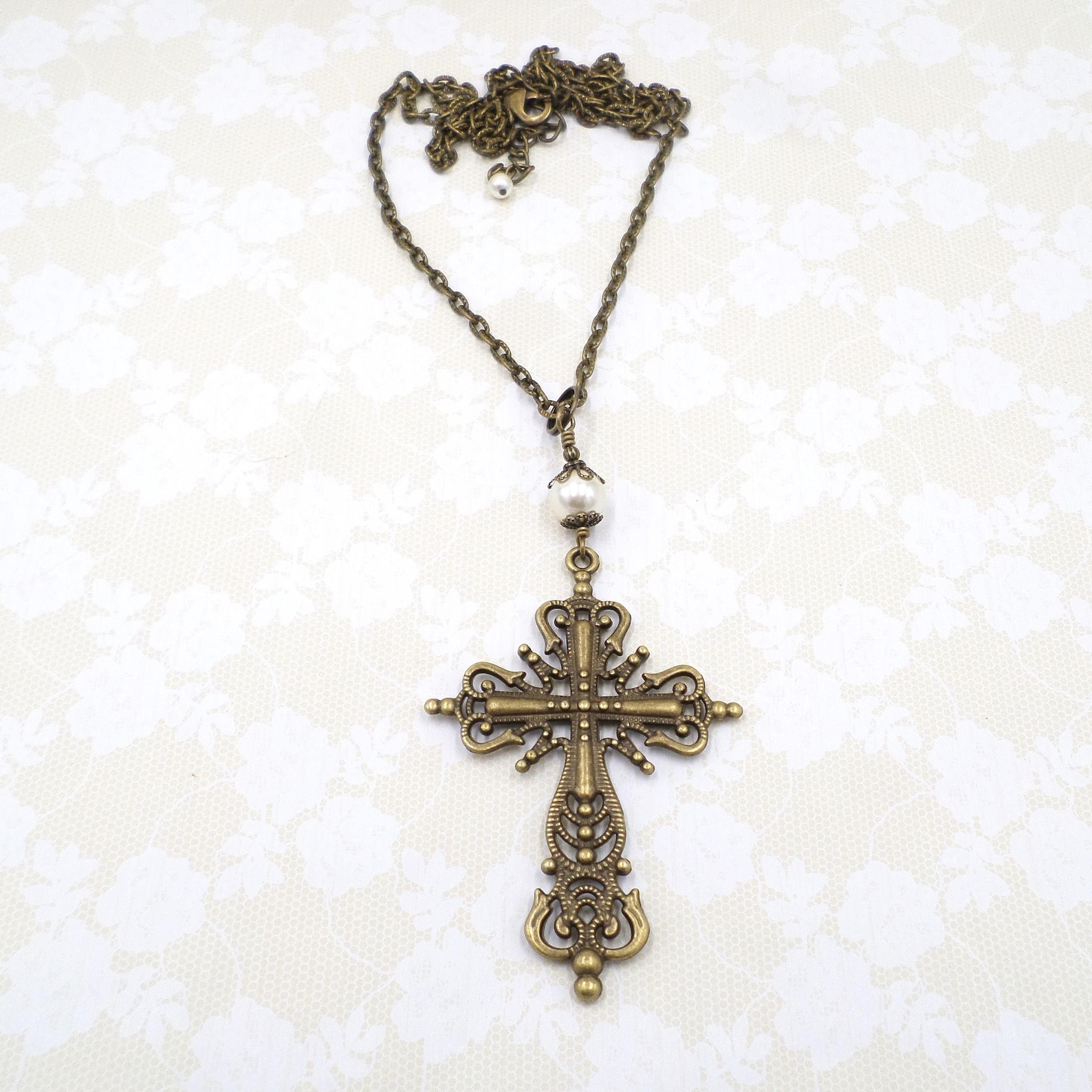 Filigree Cross Necklace: Bronze Brass, Cream Pearl, Victorian Jewelry ...