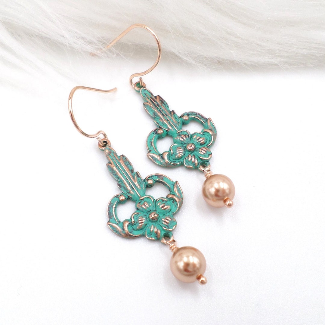Green Verdigris Flower Earring, Rose Gold Pearl Dangles, Lightweight ...