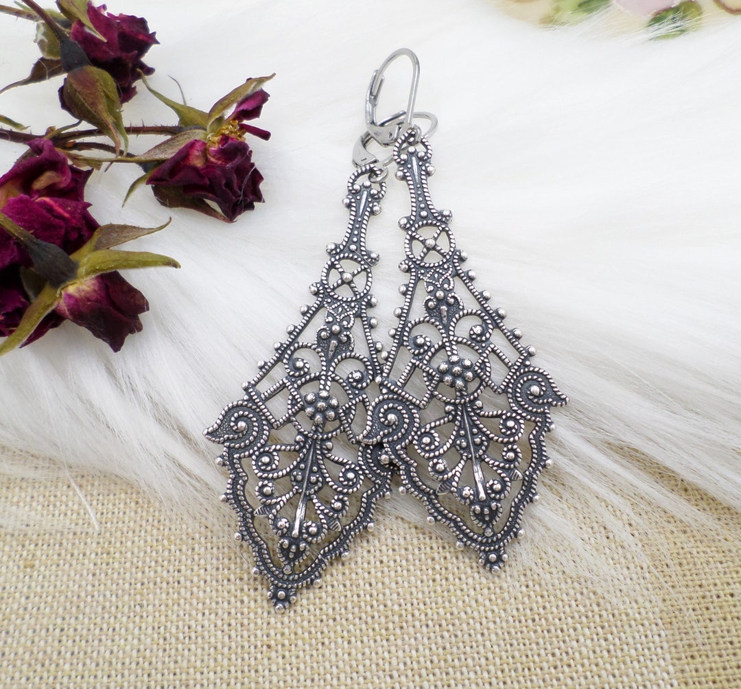 Large Silver Filigree Victorian Goth Earrings, Dark Academia Aesthetic ...
