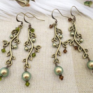 Bronze Metal Branch Leaf Earrings, Rustic Earthy Jewelry, Green Brown ...