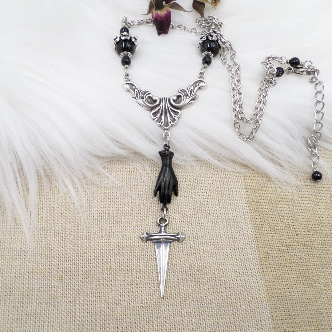 Gothic Necklace, Black Hand Pendant, Cottagegoth Silver Black Jewelry ...
