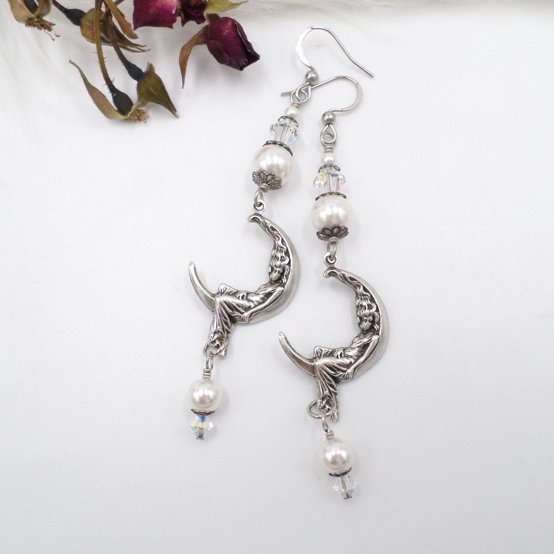 Silver Moon Goddess Earrings, Light Academia Aesthetic, Crystal ...