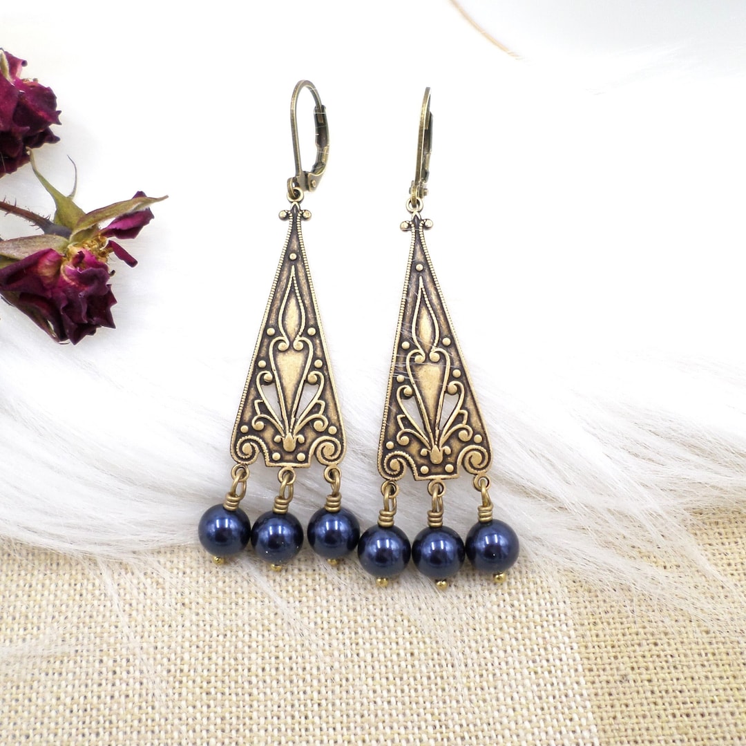 Navy Blue Pearl Earrings, Art Deco Brass Dangles, Art Nouveau ...