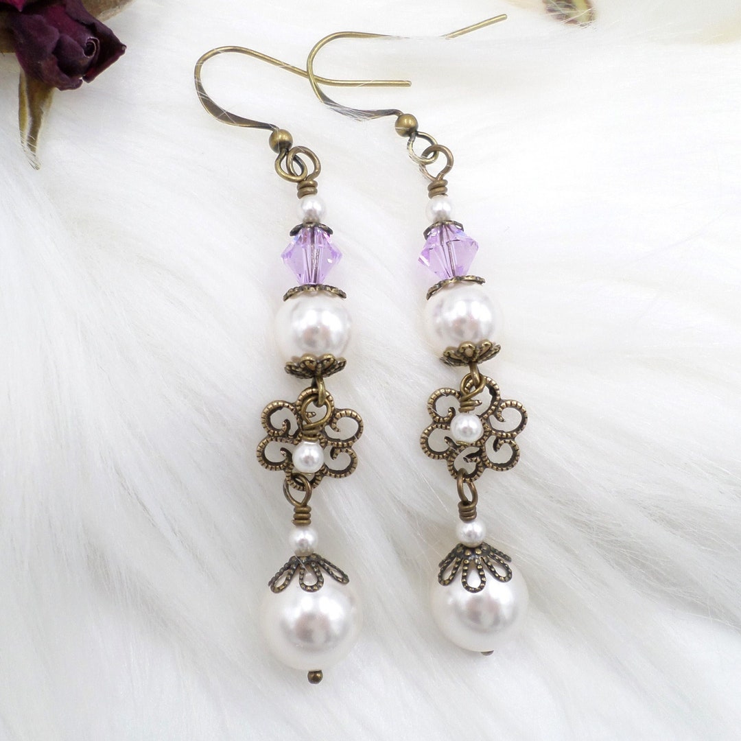 White Pearl Earring, Violet Purple Crystal Bridal Jewelry, Antiqued ...
