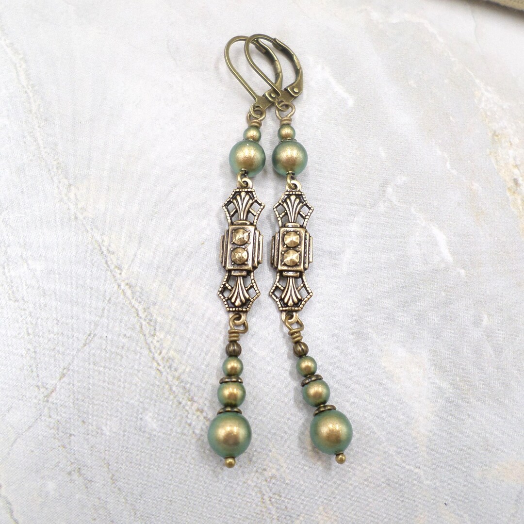 Long Slender Green Pearl Art Deco Earrings, Rustic Bohemian Greencore ...