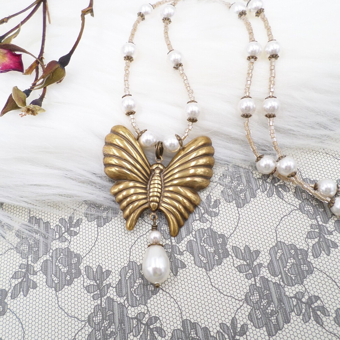 Butterfly Necklace, Hand Beaded Pearl Chain, Fairycore Aesthetic ...