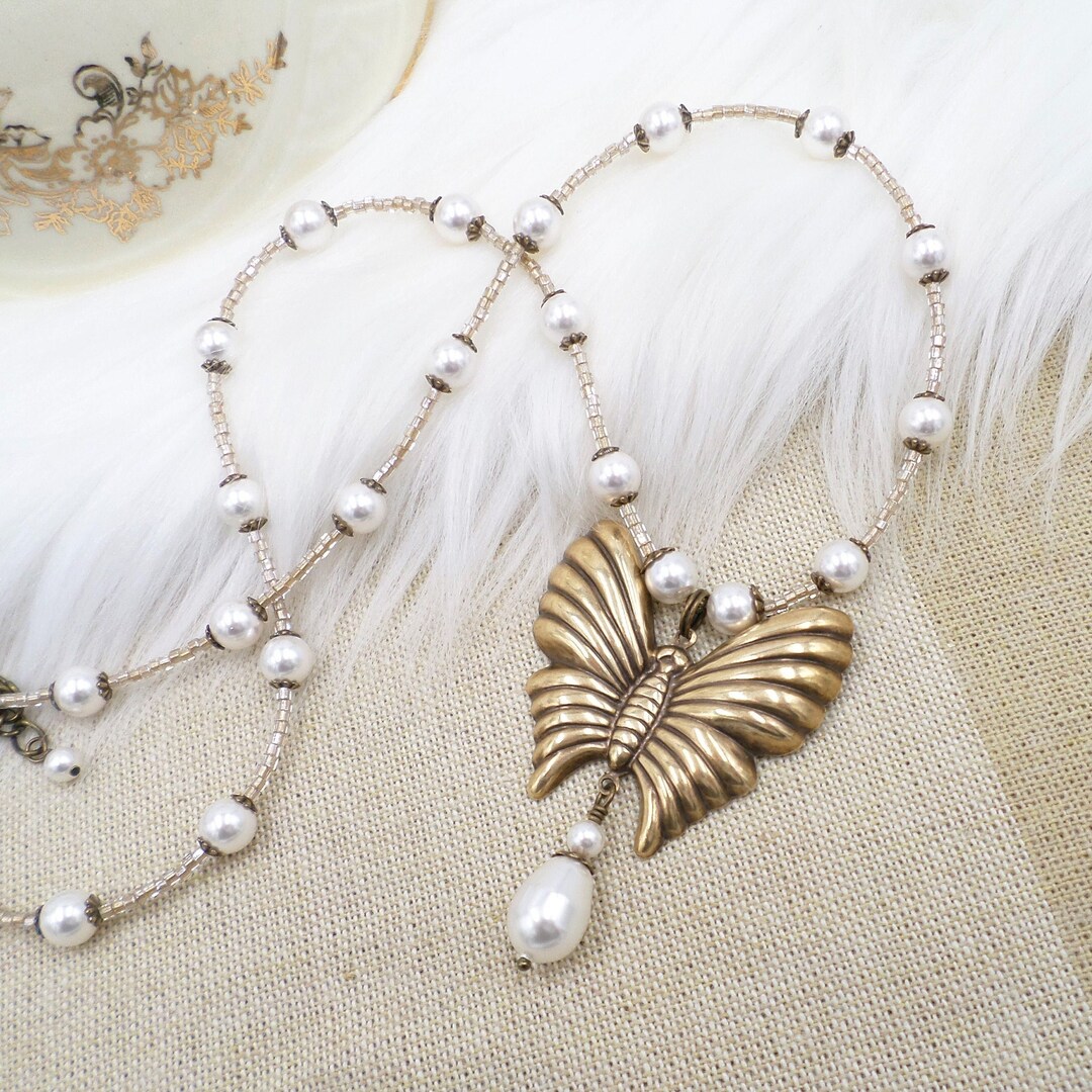 Butterfly Necklace, Hand Beaded Pearl Chain, Fairycore Aesthetic ...