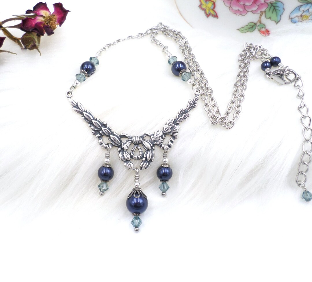 Navy Blue Pearl Necklace, Dark Fairycore Aesthetic Silver Jewelry ...