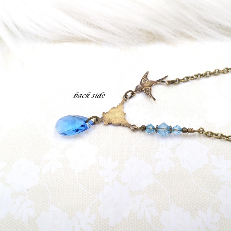 Blue Crystal Teardrop Necklace: Brass Bird Charm, Handmade Vintage ...