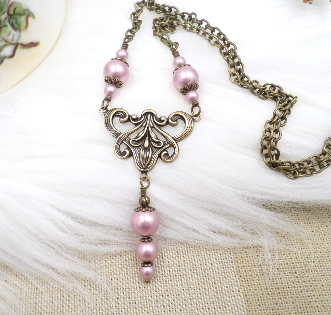 Art Nouveau Necklace, Pink Pearl Necklace, Vintage Reproduction Jewelry ...