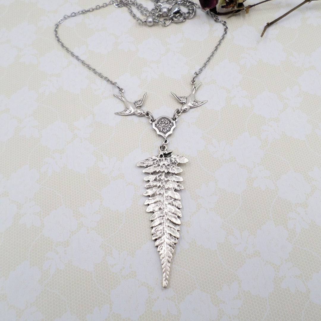 Silver Fern Necklace, Rustic Boho Silver Plated Bird Necklace ...