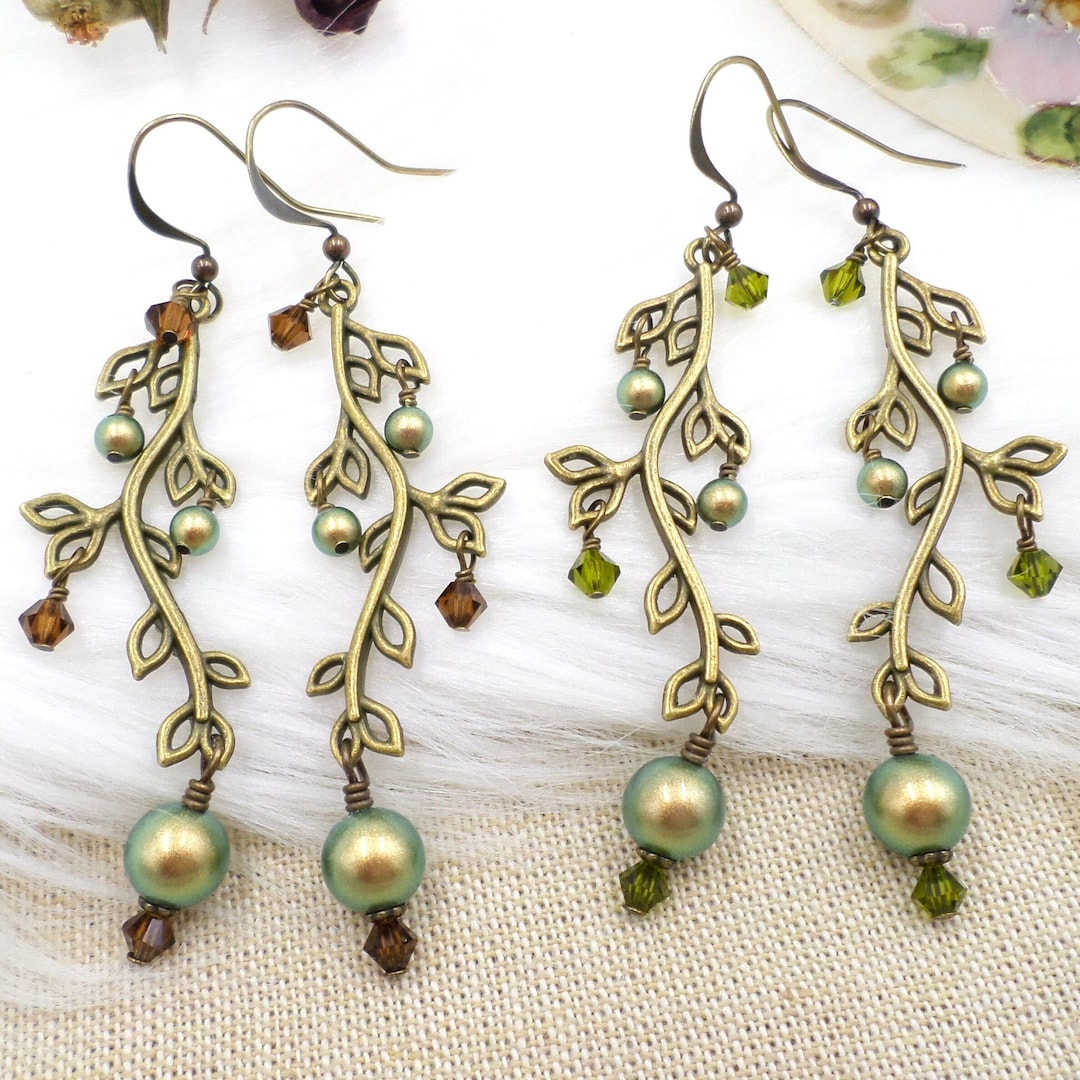 Bronze Metal Branch Leaf Earrings, Rustic Earthy Jewelry, Green Brown ...