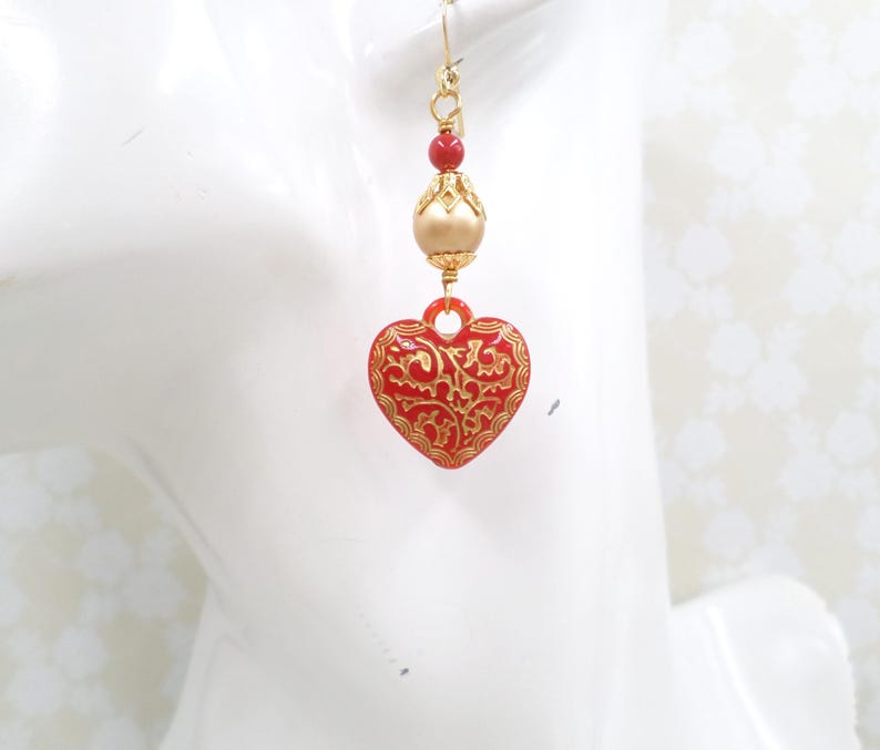 Red Acrylic Heart Earrings: Gold Pearl Dangles, Lovecore Jewelry - Etsy