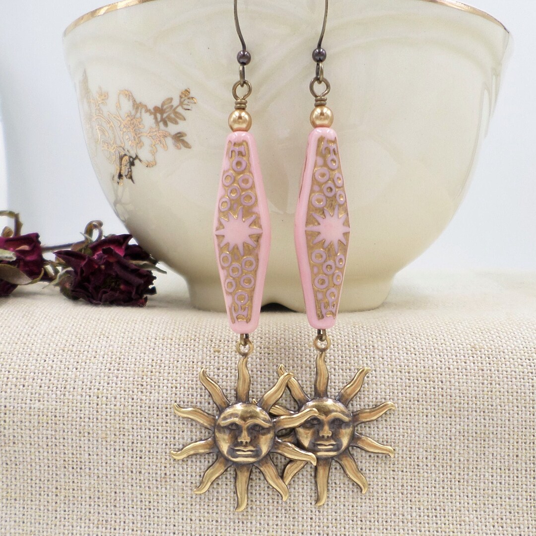 Sun Face Celestial Earrings, Pink Retro Style Acrylic Brass Jewelry ...