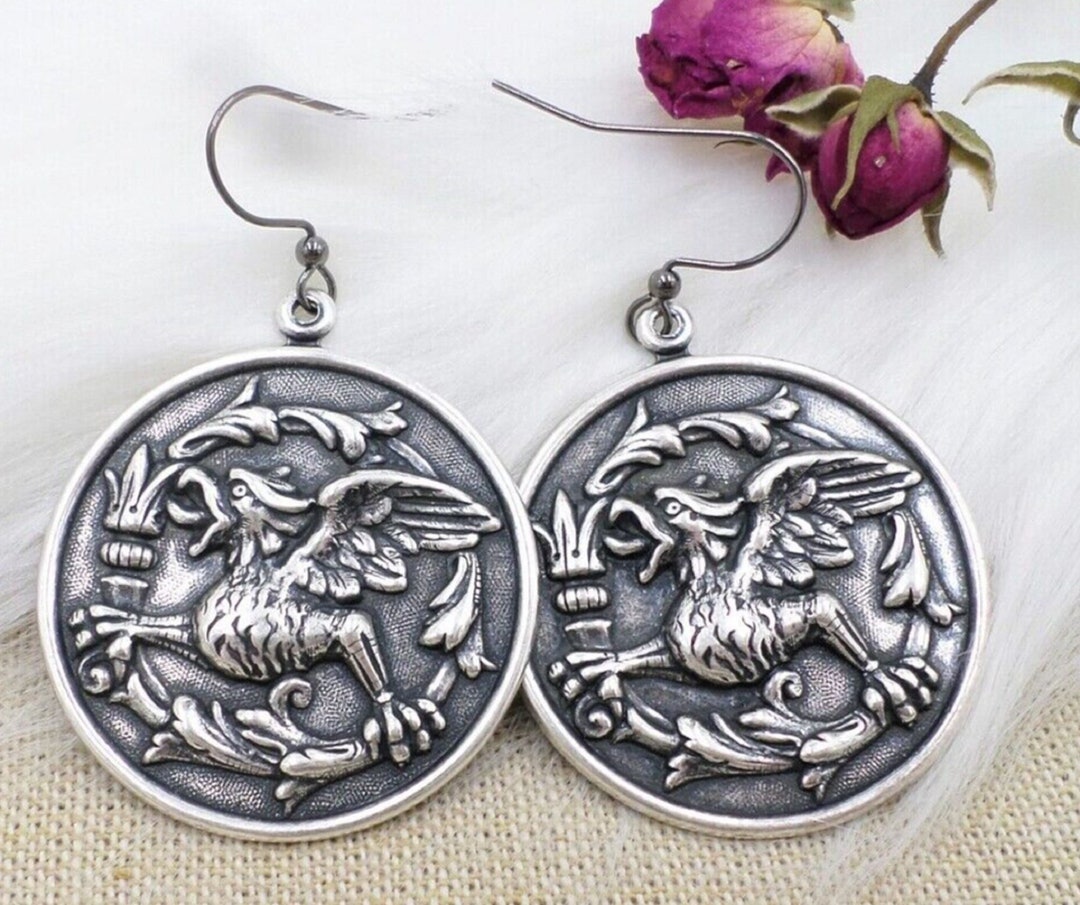 Big Silver Gryphon Dragon Earrings, Mythical Jewelry, Medieval Cosplay ...