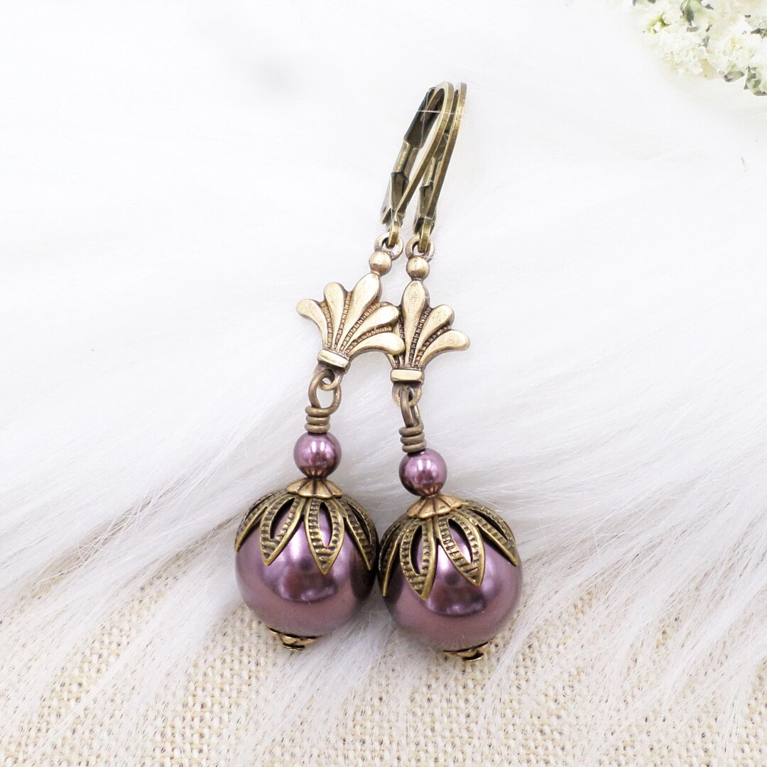 Plum Pearl Earrings, Brass Art Deco Dangles, Plum Bridesmaid, Flapper ...