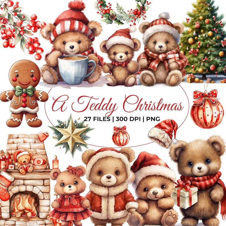 Christmas Teddy Bear Clipart, Watercolor Teddy Bears, Cute Teddy Bear ...