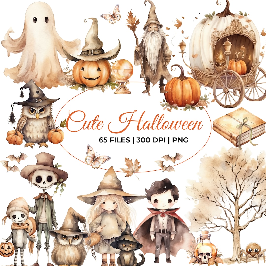 Watercolor Halloween Clipart, Cute Halloween PNG, Beige Halloween ...