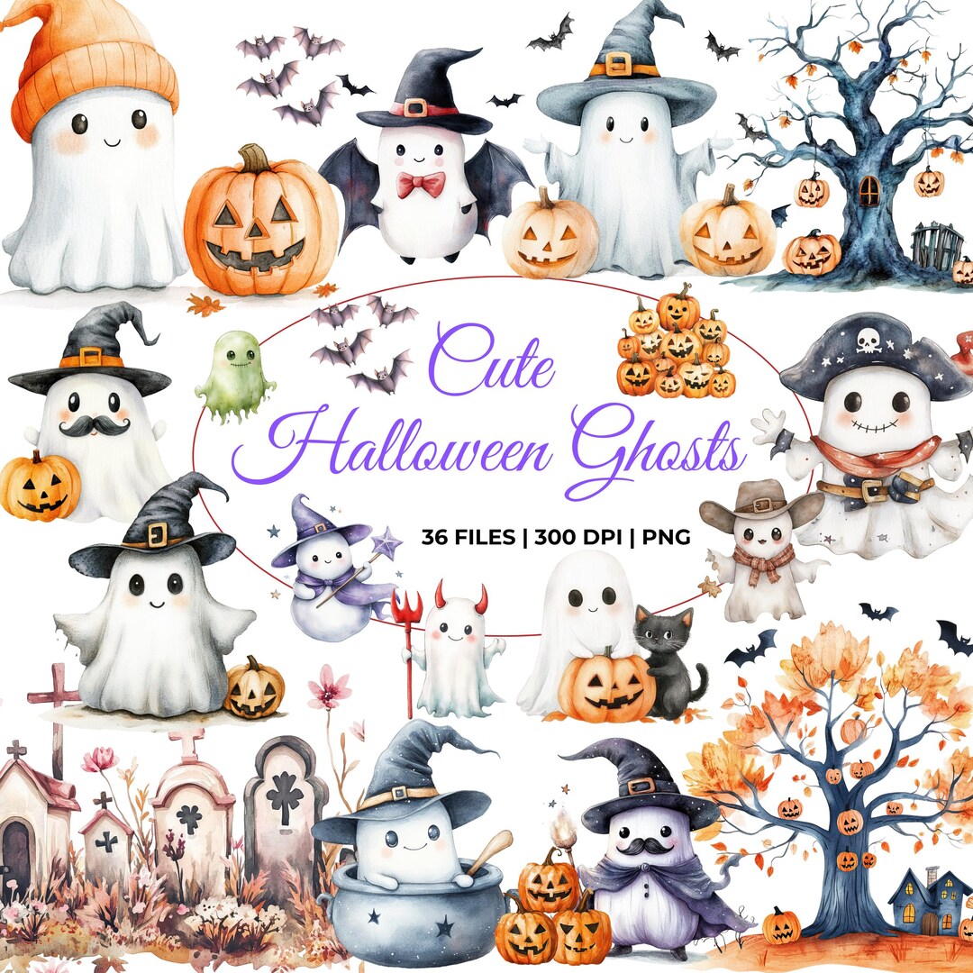 Watercolor Halloween Ghost Clipart, Cute Ghosts PNG, Halloween Clipart ...