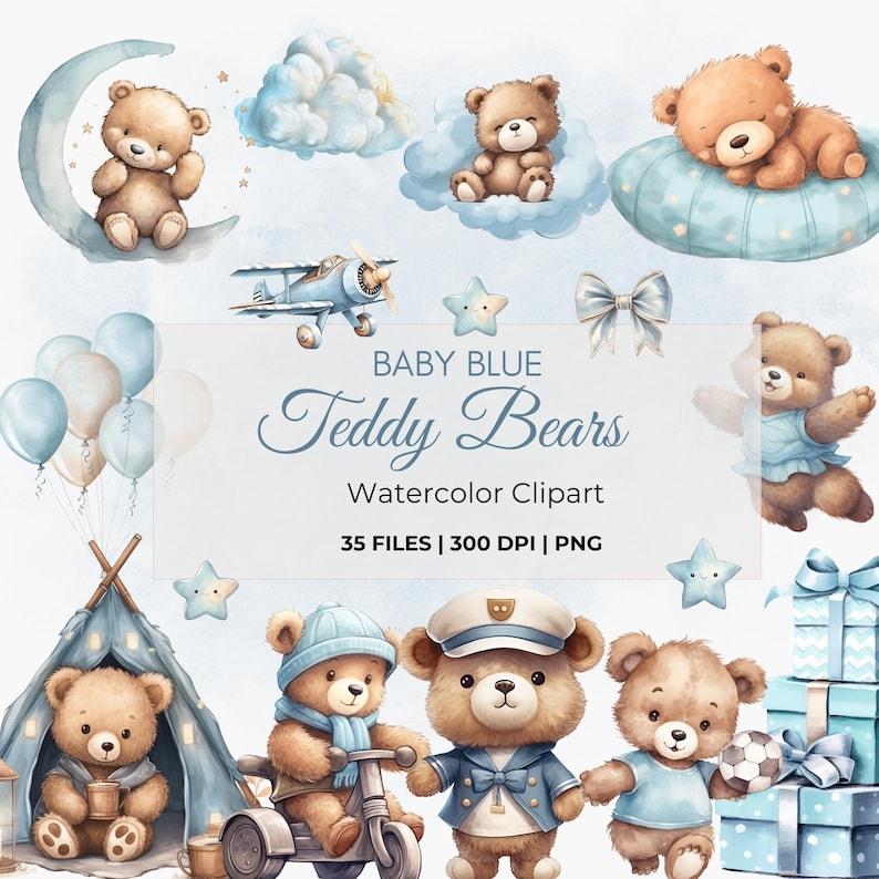 Watercolor Teddy Bear Clipart, Cute Blue Sleeping Bear PNG, Pastel Boy ...