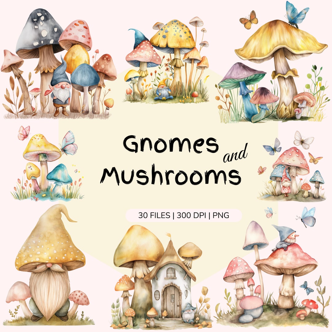 Mushroom Watercolor Clipart | Gnome Clipart | Magic Mushrooms | Garden ...