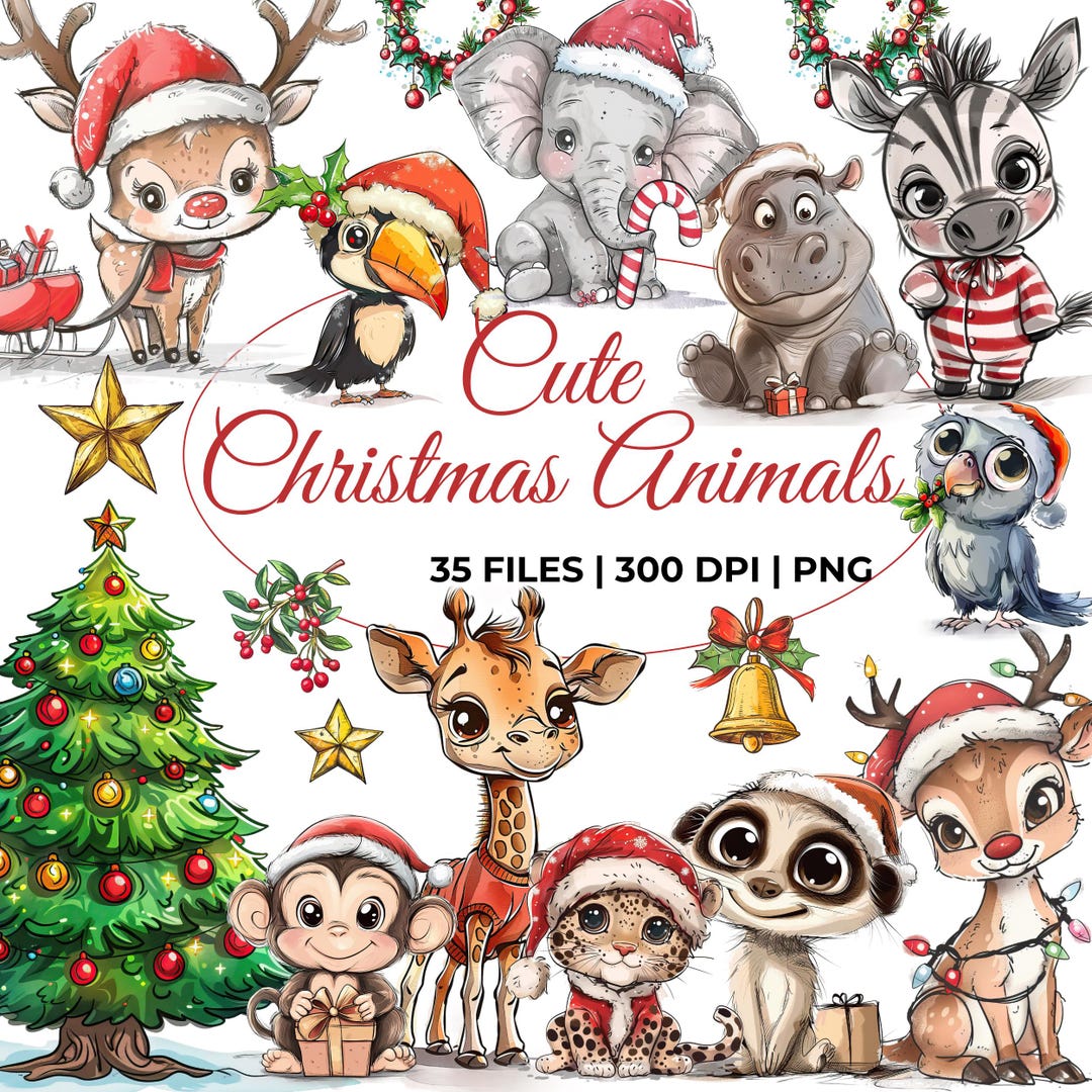 Watercolor Handdrawn Christmas Animals Clipart, Cute Baby Animals ...