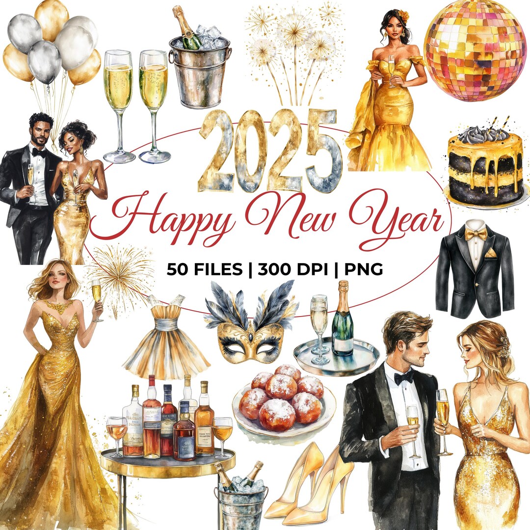 Watercolor New Year Clipart, Gold New Year PNG, New Years Eve 2025 ...