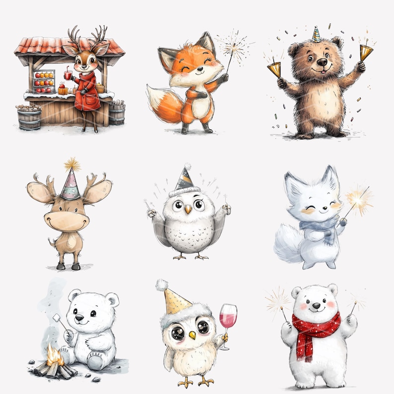 Watercolor New Year Animal Clipart, Happy New Year Bundle, Cute New ...