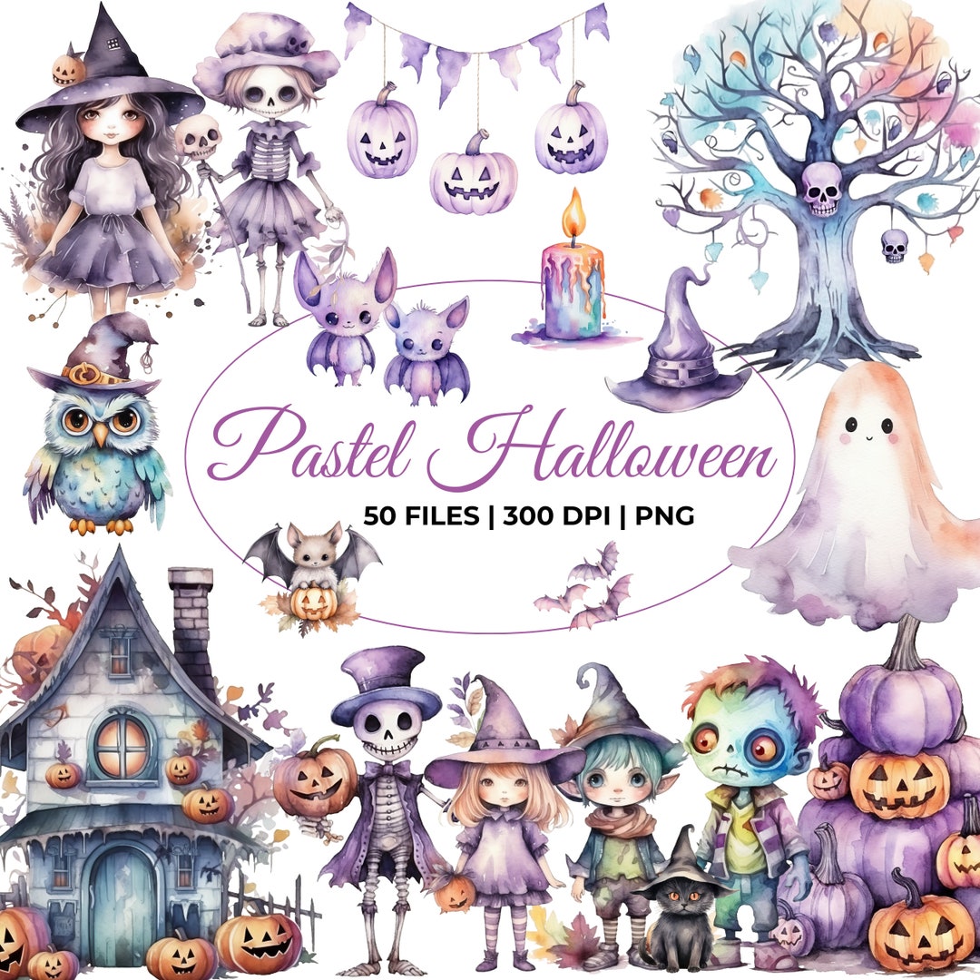 Watercolor Pastel Halloween Clipart, Cute Halloween, Purple Pink ...