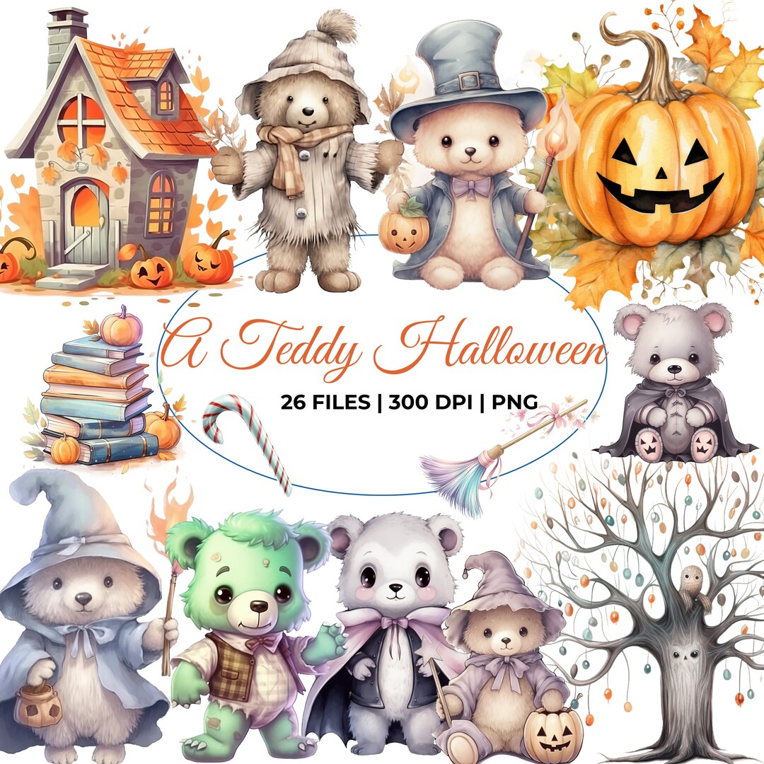 Watercolor Halloween Clipart, Halloween Teddy Bears, Cute Halloween ...