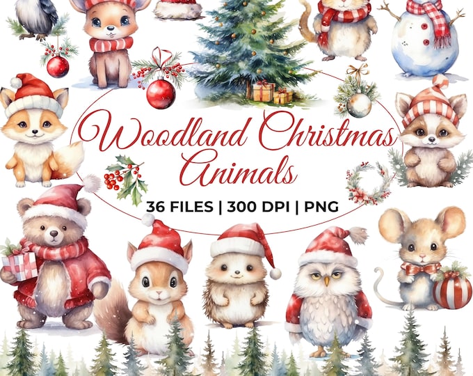 Woodland Christmas Clipart, Baby Animals Png Watercolor Clipart Set ...