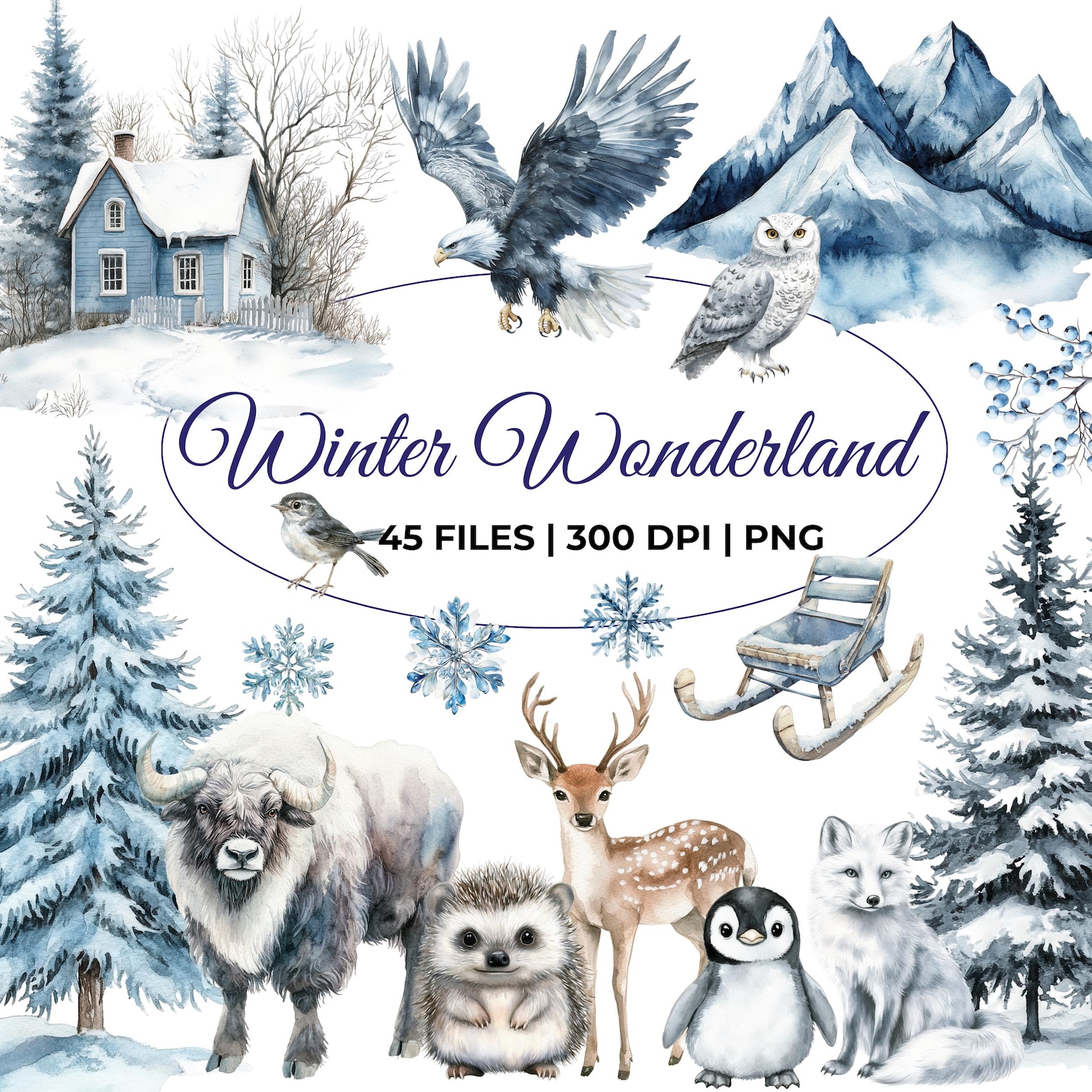 Watercolor Winter Wonderland Clipart, Arctic Baby Animals, Christmas ...