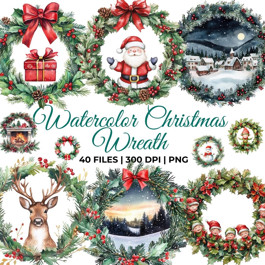 Watercolor Christmas Wreath Clipart, Christmas Garland Clipart ...